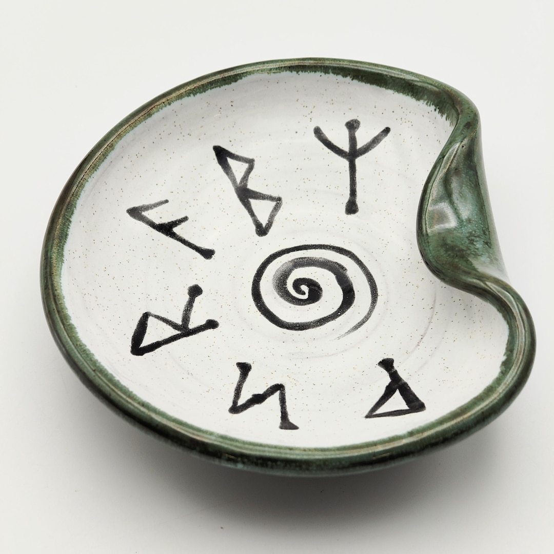 Runes Smudge Bowl, Rustic Green Pottery Offering Bowl, Meditation Room ...