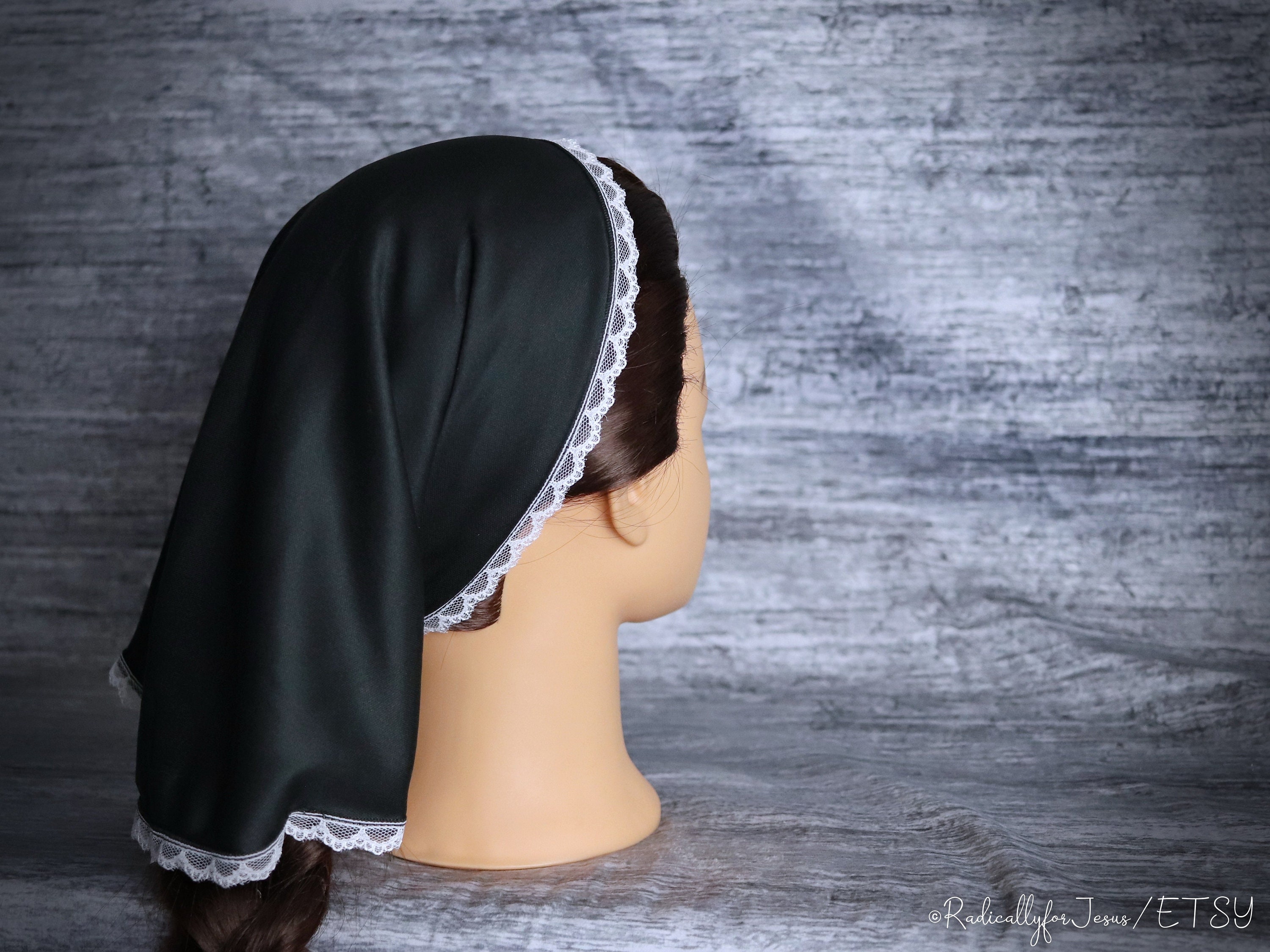 Black Veil With White Lace Christian Ladies Headband Headcovering ...