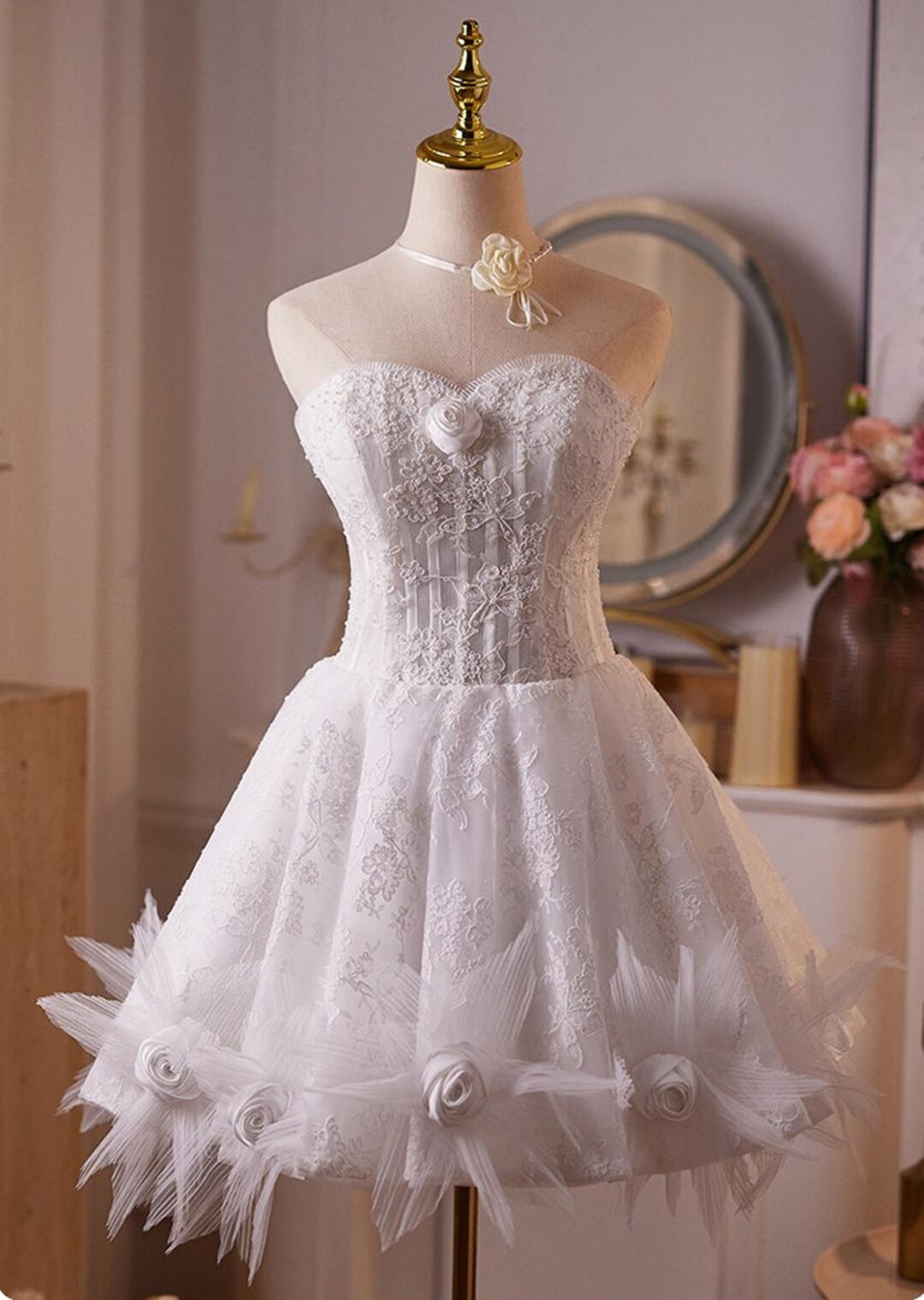 Hand Sewn Rose Lace Wedding Dress, Elegance Playful Lace Mini Corset ...