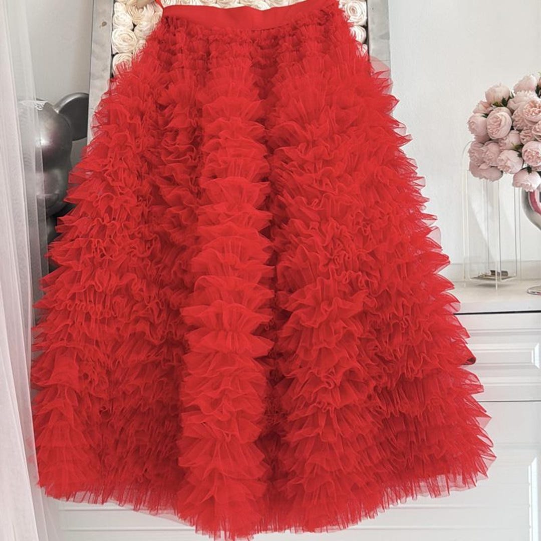 Red Ruffled Tulle Skirt,handmade Soft Fluffy Skirt,romantic Womans ...