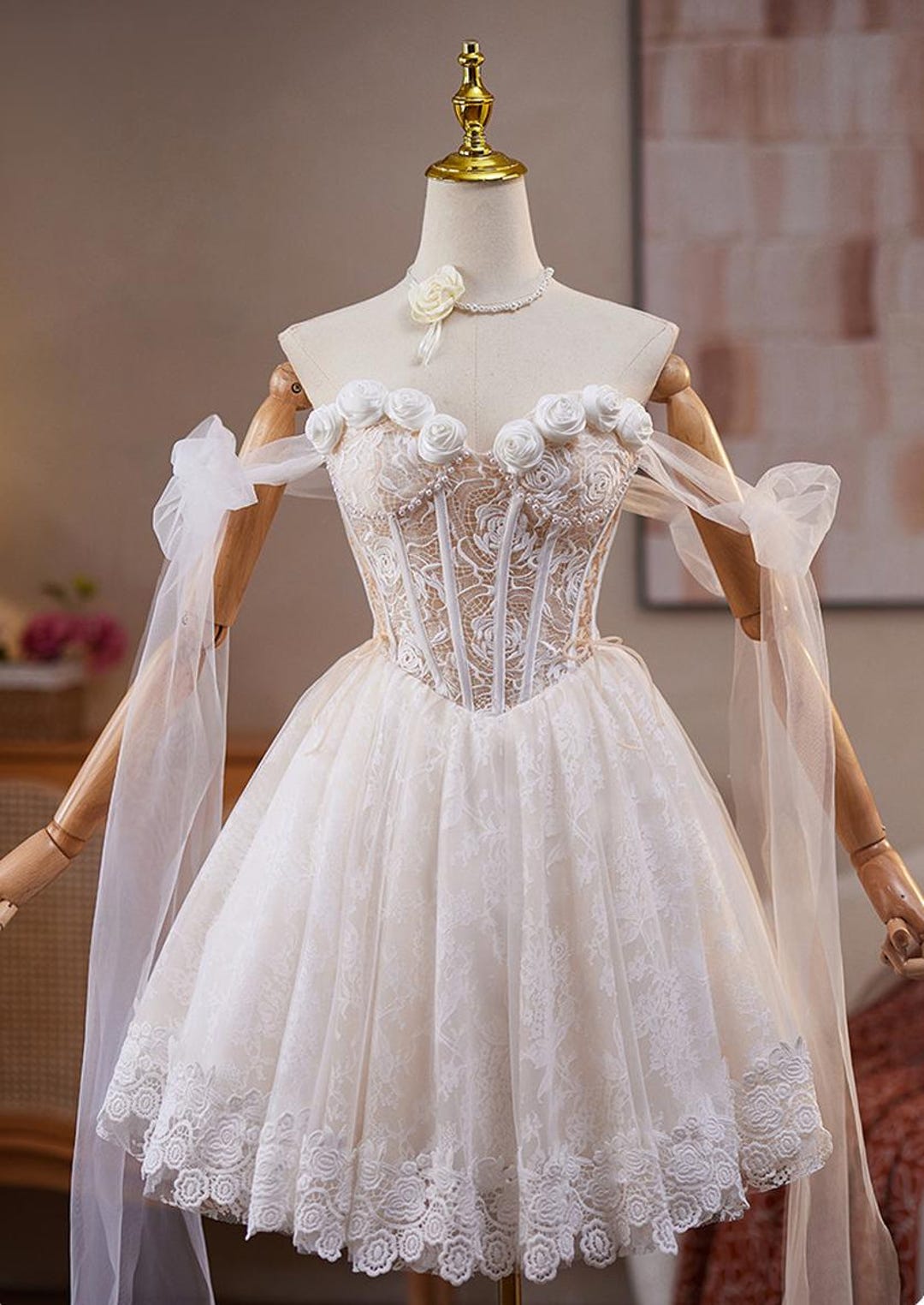 Hand Sewn Rose Lace Wedding Dress, Elegance Lace Mini Corset Bridal ...