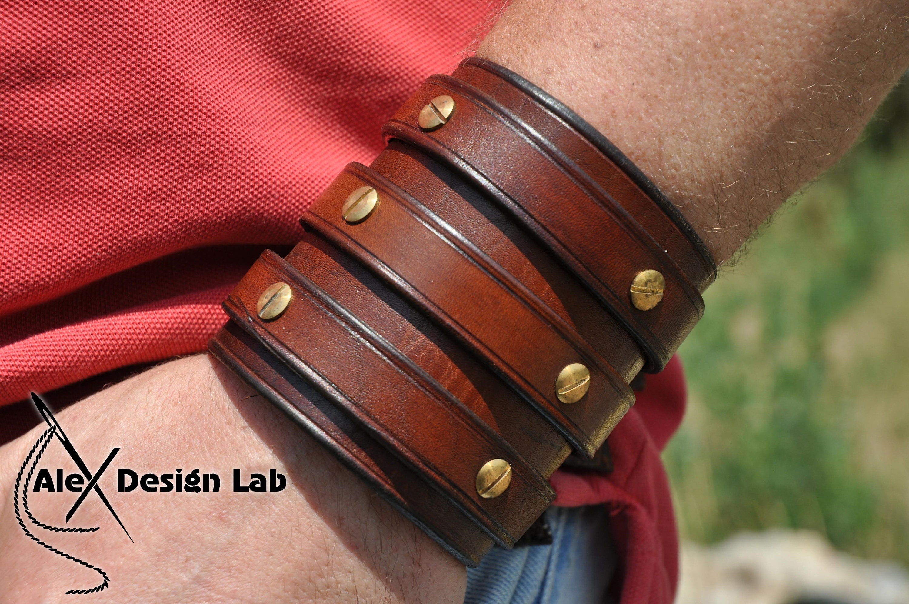 Wide brown studded Leather cuff Bracelet with three straps | Etsy