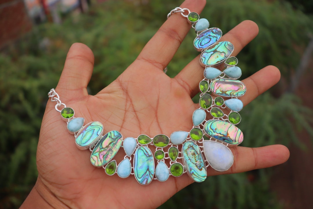 Natural Moonstone, Avalon, Larimar and Peridot|abalone Gemstone Necklace|statement Sterling ...