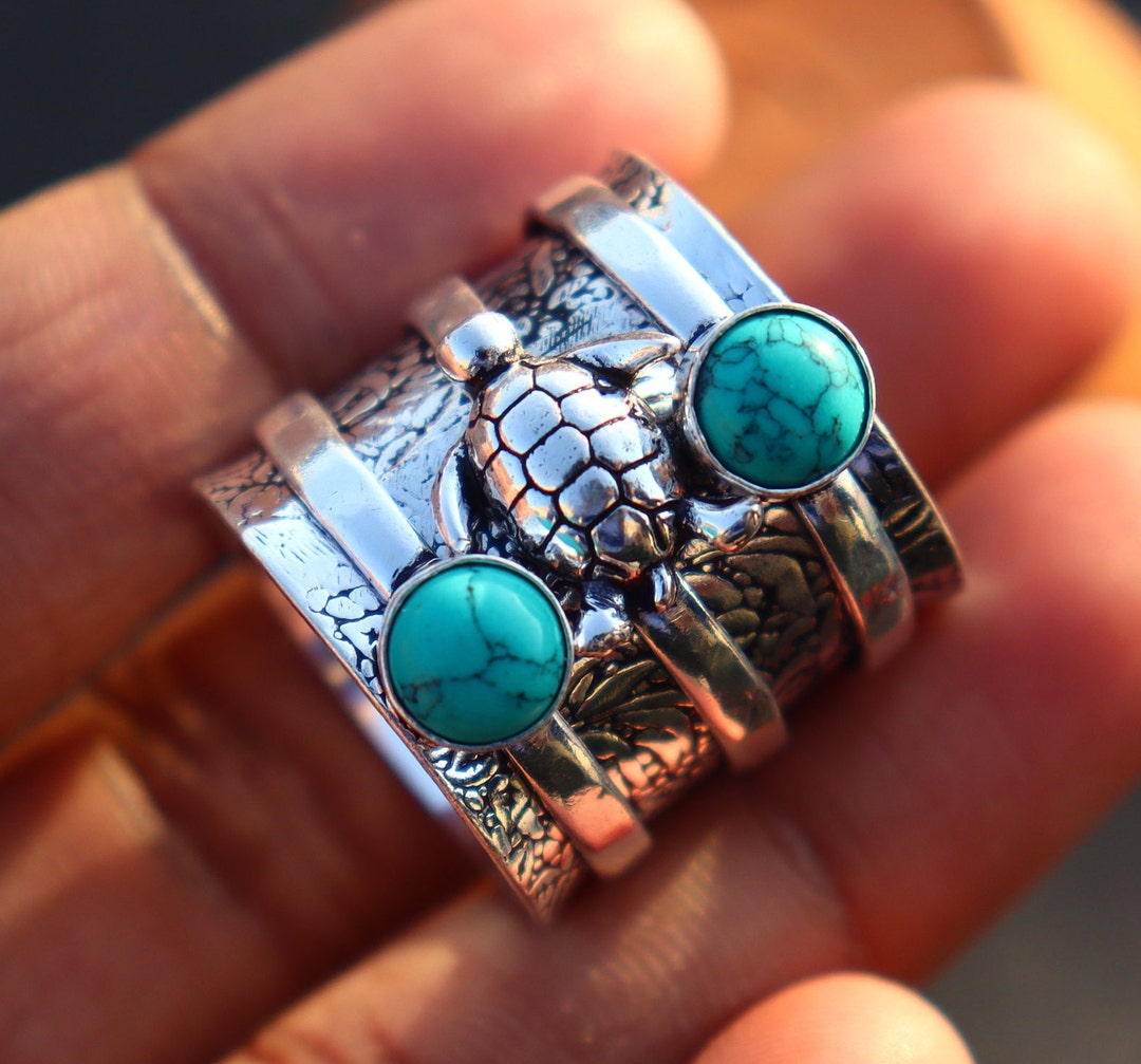 Vintage Turquoise Turtle Spinner Ring: Handmade Silver Plated Fidget ...