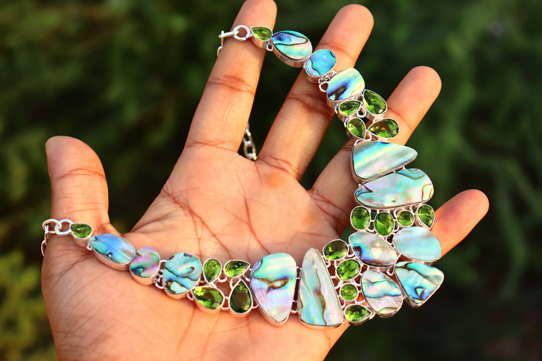 Natural Abalone and Peridot Gemstone Set Abalone Gemstone Necklace and ...