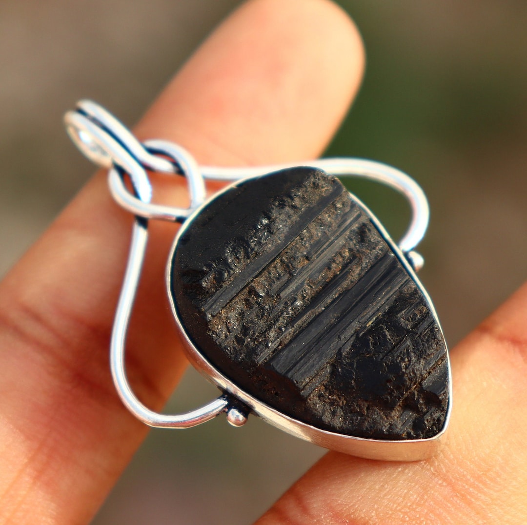 Natural Raw Tourmaline Stone Handmade Silver Polish Pendant Vintage ...