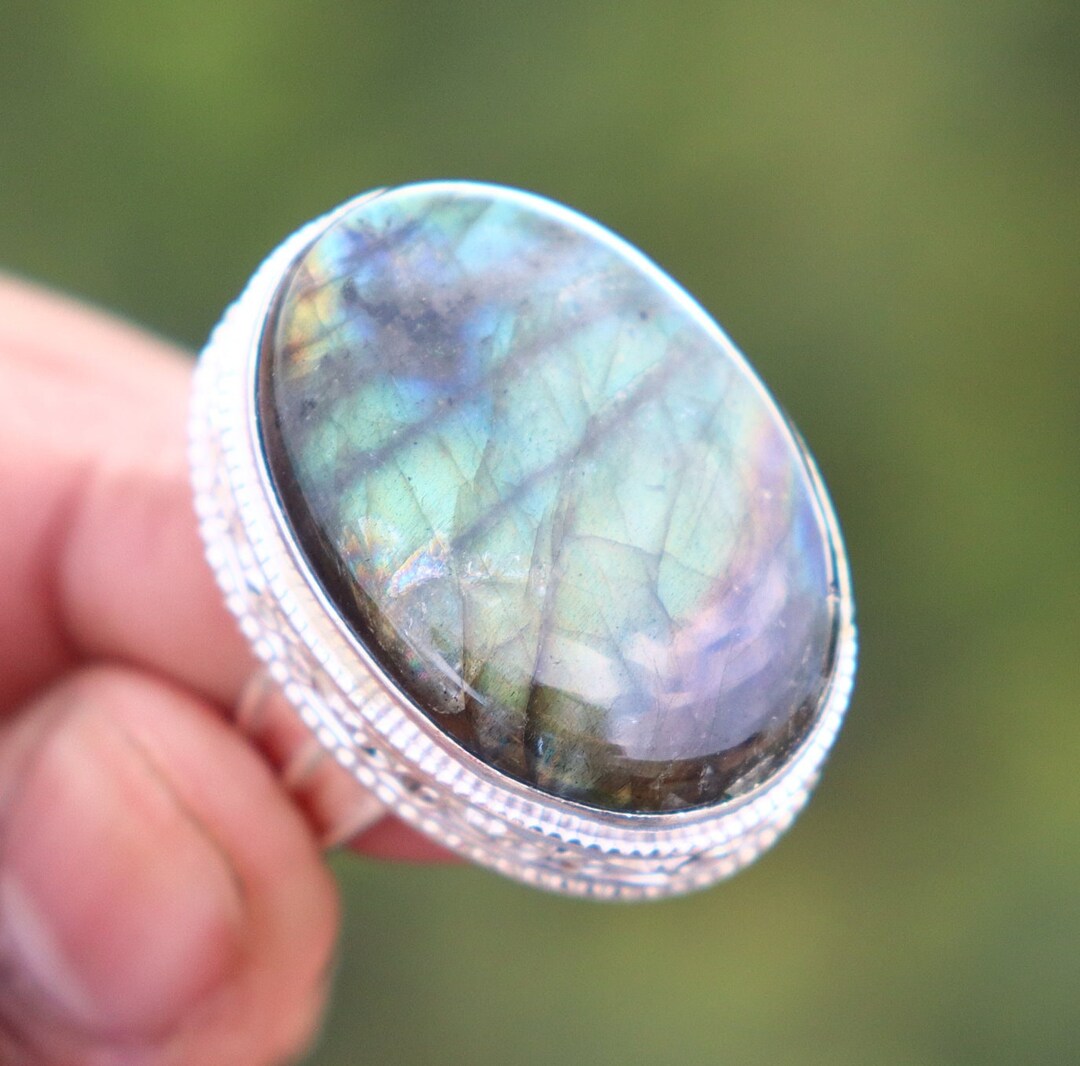 Natural Labradroite Stone Handmade Silver Plated Ring Vintage Laborite ...