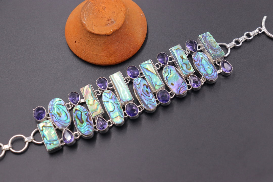 Natural Avalon Shell and Amethyst Stone Stone Handmade Cluster Bracelet ...