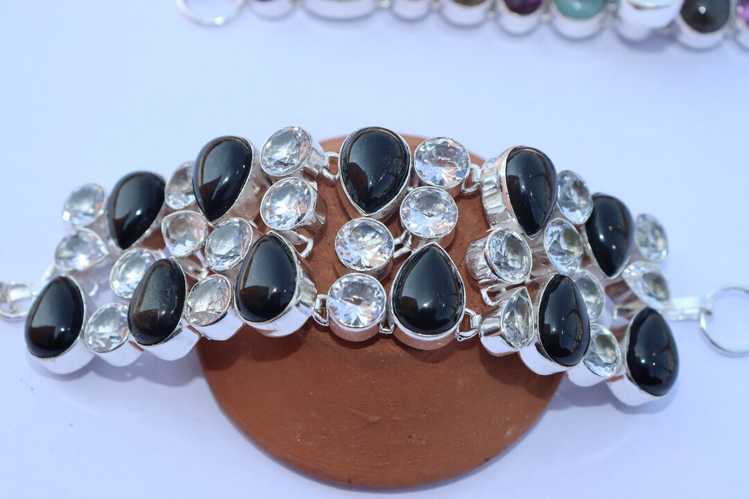 Handmade Black Onyx & Crystal Silver Plated Bracelet - Etsy