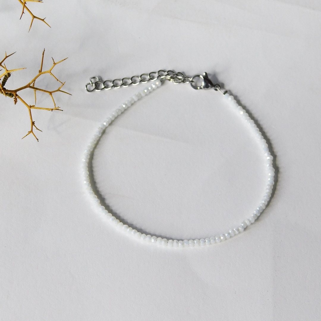White Crystal Anklet, Beaded Anklet, Minimal White Anklet. - Etsy