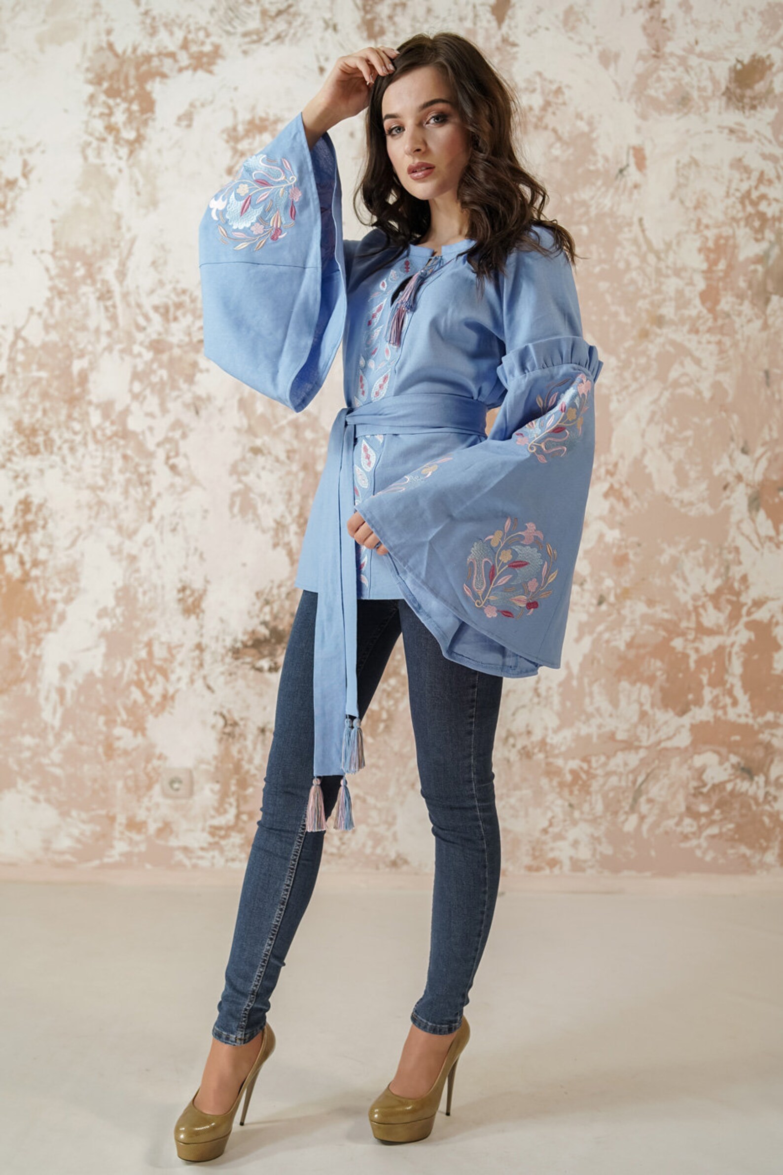 Poet Blouse Bell Sleeve Top Linen Blouse Embroidered Blouse - Etsy