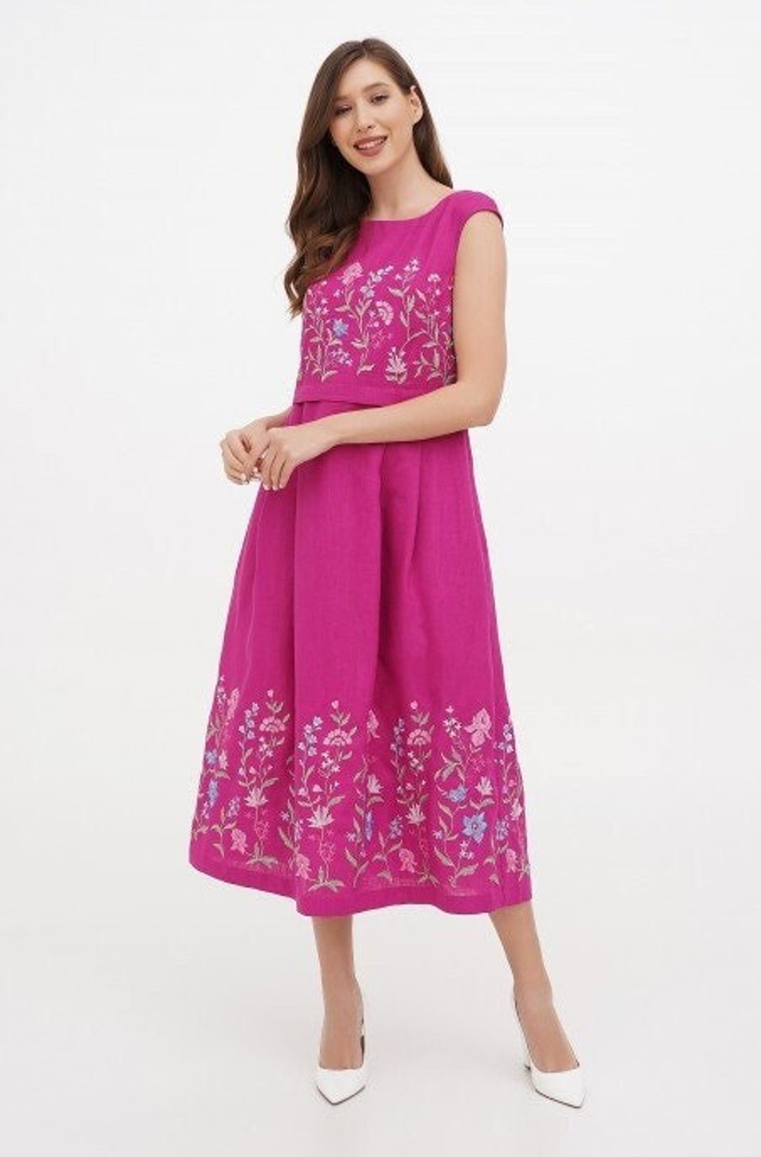 Fuchsia Pink Linen Dress For Women Embroidered Linen Dress With