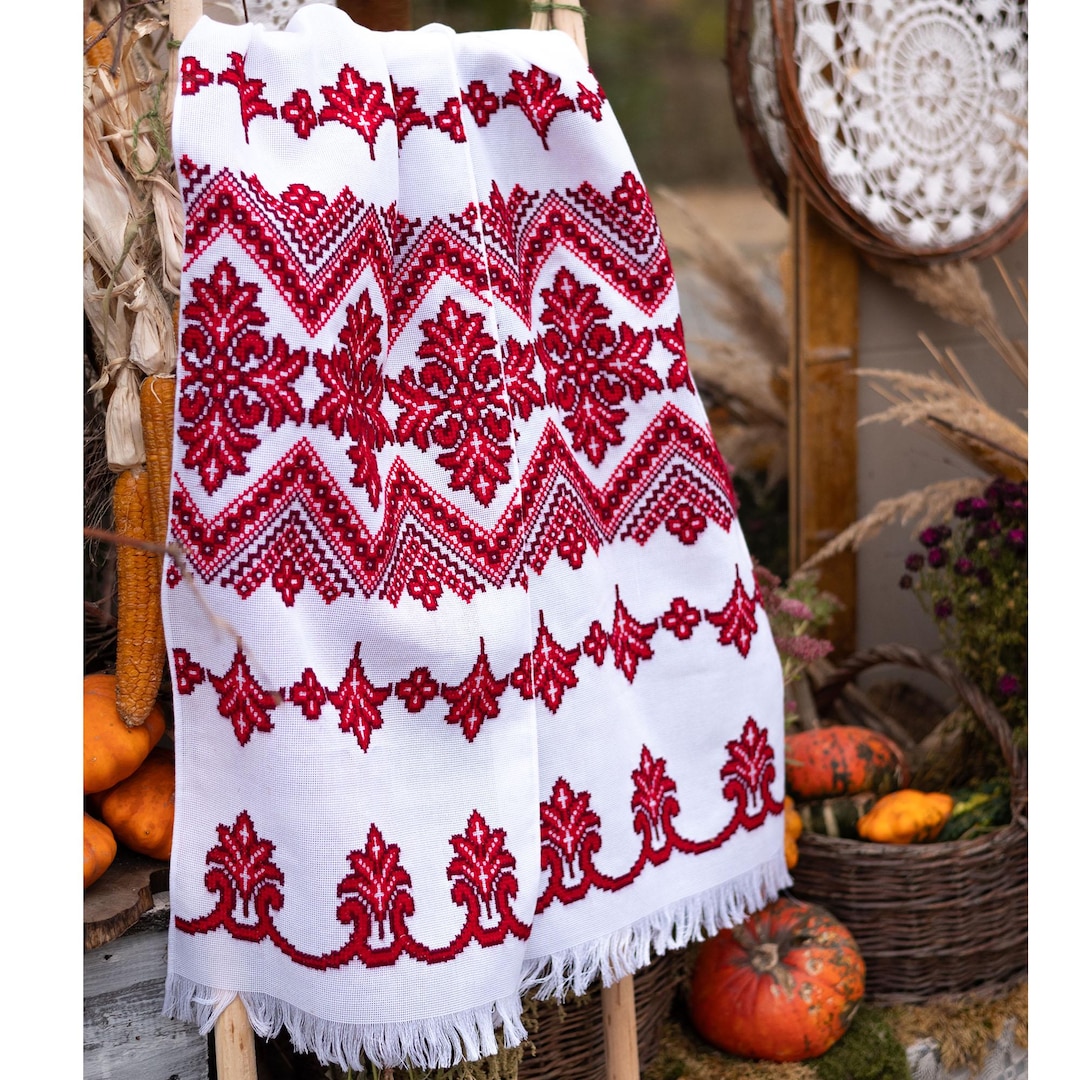 Red Embroidered Rushnyk Towel for Ukrainian Wedding, Handmade Floral ...
