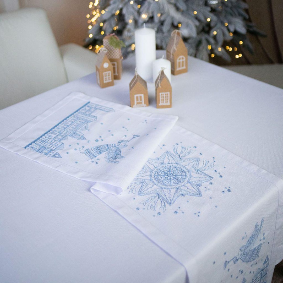 Angel Table Runner, Christmas Table Runner Embroidered, White and Blue ...