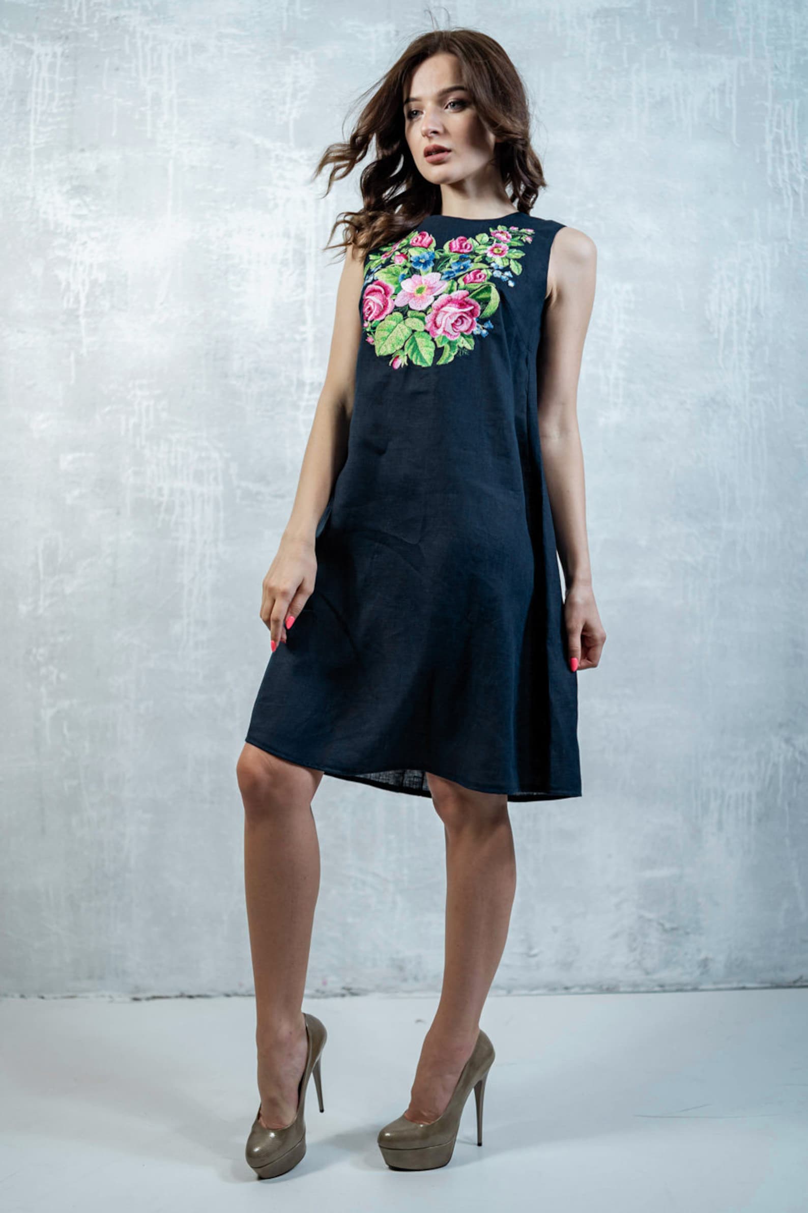 Linen Floral Dress Embroidered Linen Dress Midi Dress for - Etsy