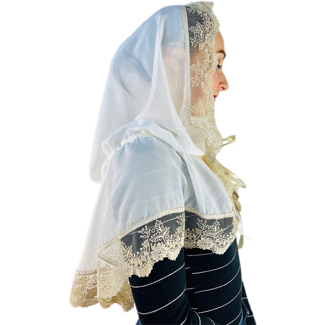 Gold Church Veil, Traditional Catholic Veil, Church Mantilla With Lace ...