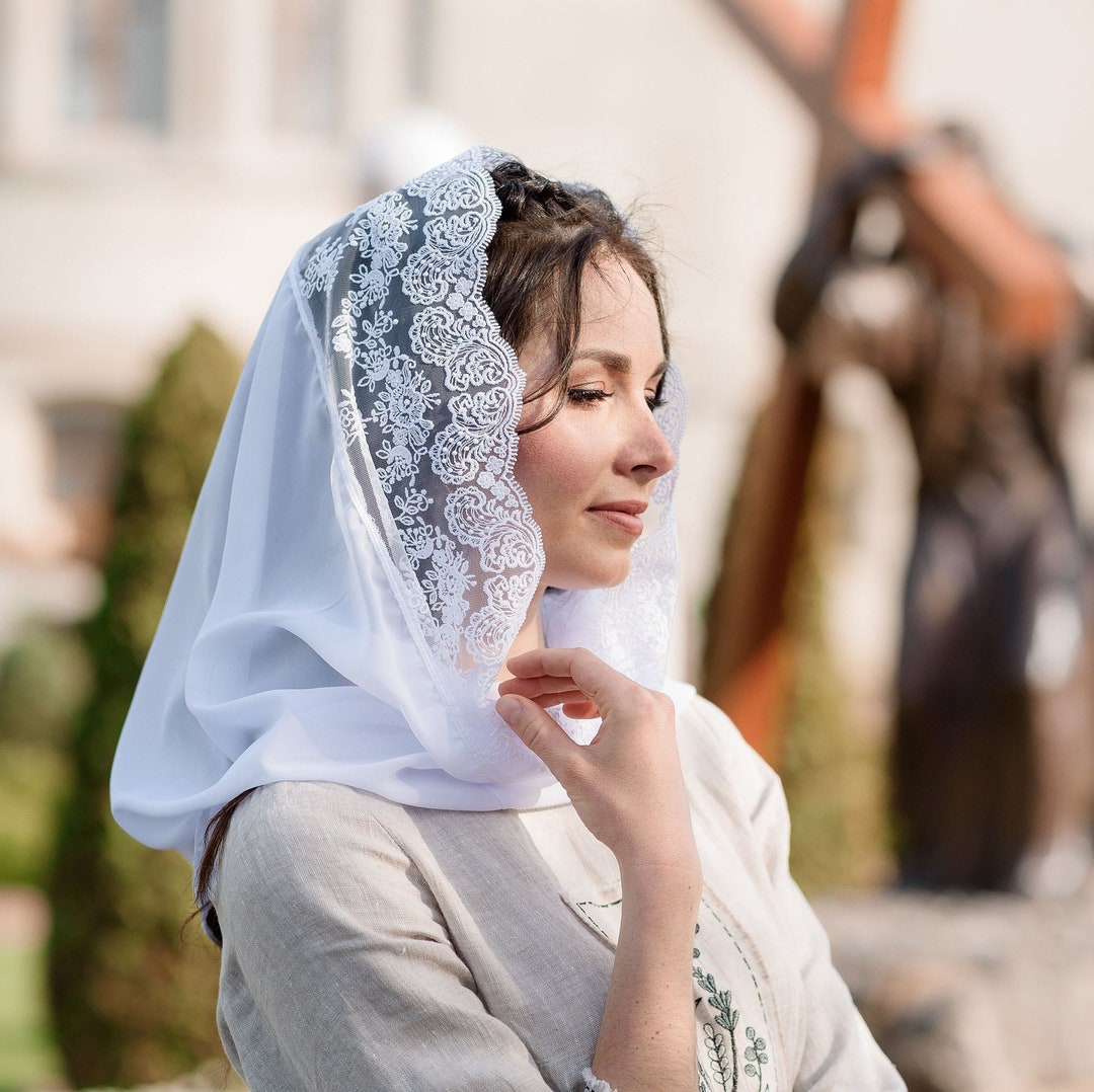 Orthodox Lace Veil, White Hooded Veil, Traditional Catholic Veil ...