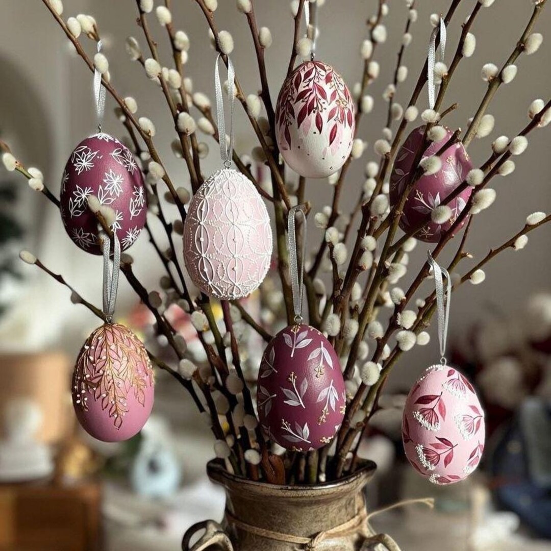 Set 6 Hanging Easter Tree Ornaments, Hand-painted Easter Egg ...