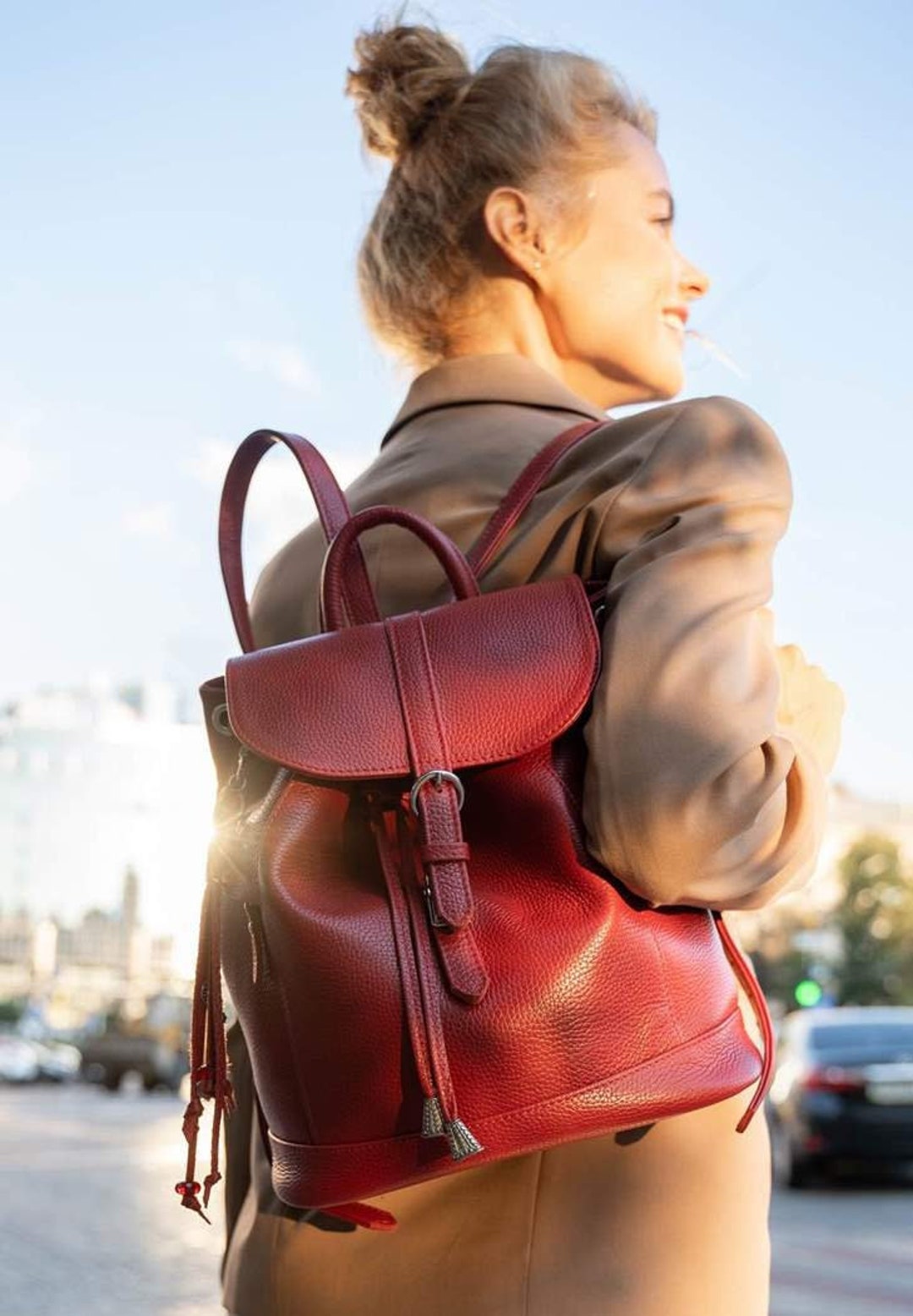 Leather Drawstring Backpack Women, Red Leather Rucksack, Leather Backpack, Leather Backpack ...