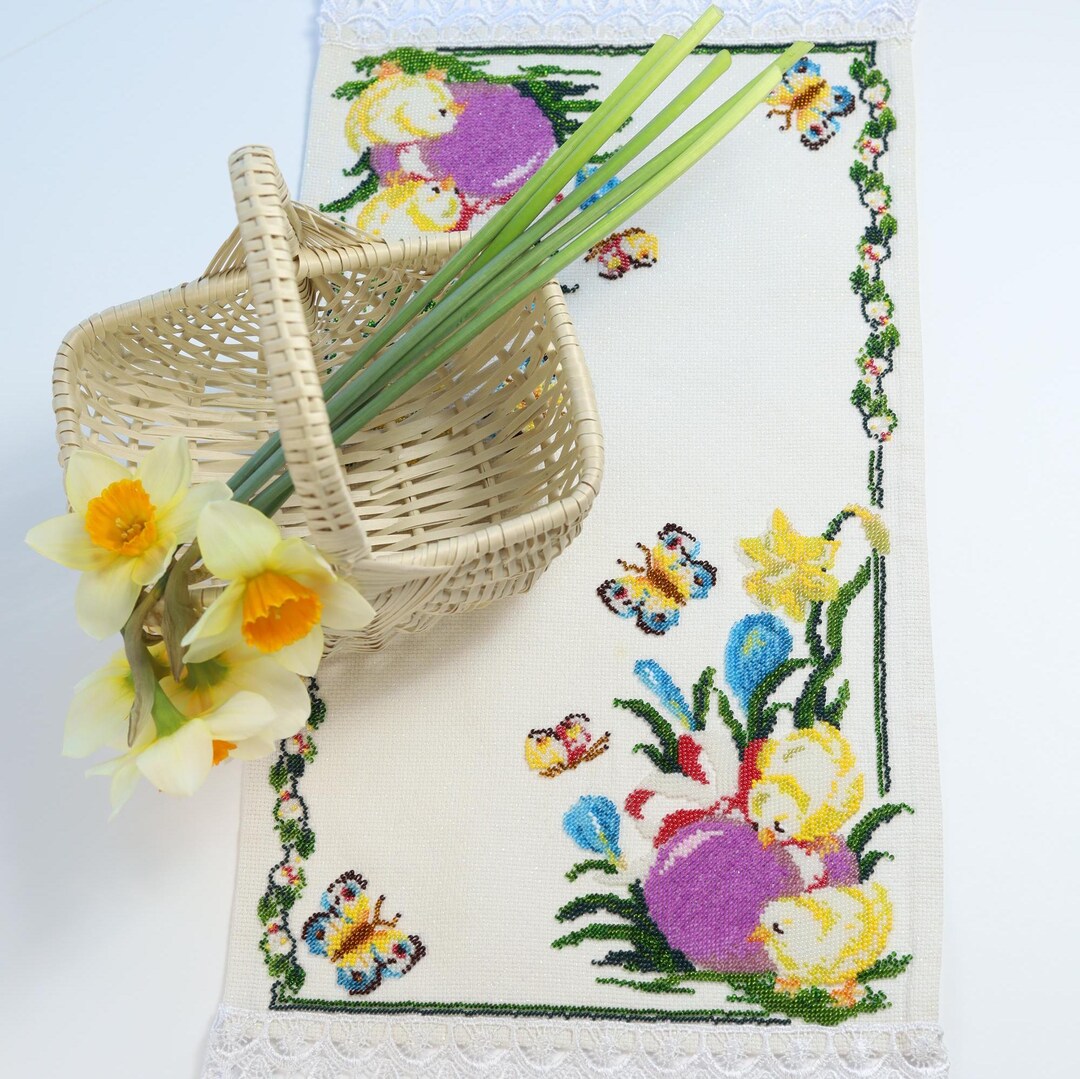 Beaded Easter Basket Cover With Handmade Embroidery, Floral Easter ...