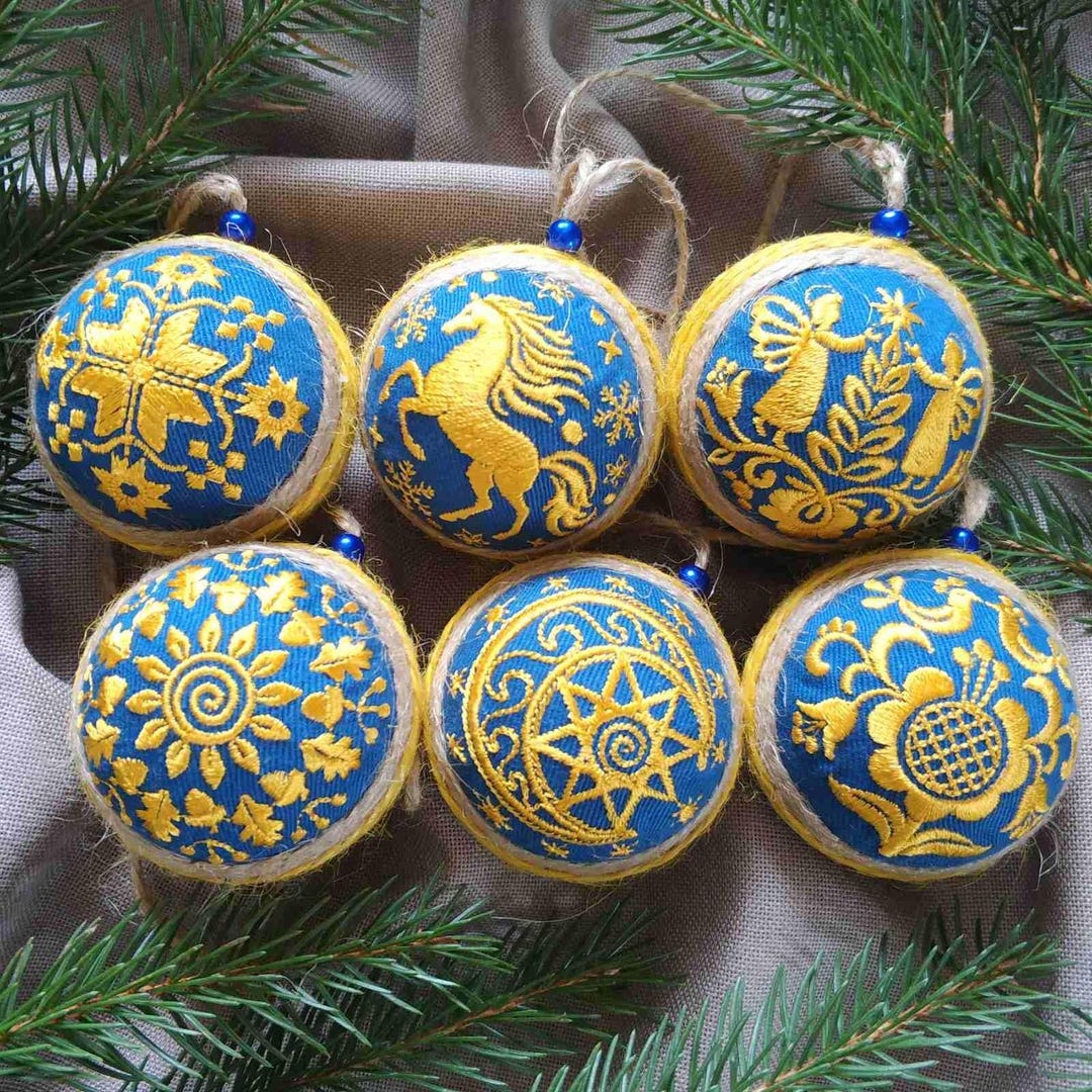 Set 6 Ukrainian Folk Embroidered Christmas Ornaments, Blue & Yellow ...