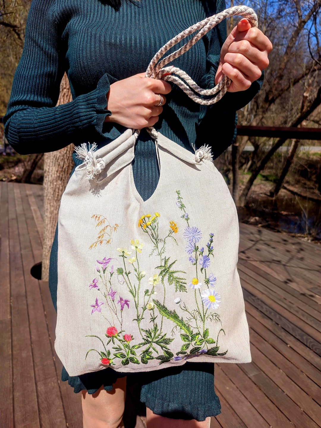 Botanical Shoulder Bag, Linen Boho Bag, Embroidered Bag, Hippie Boho ...