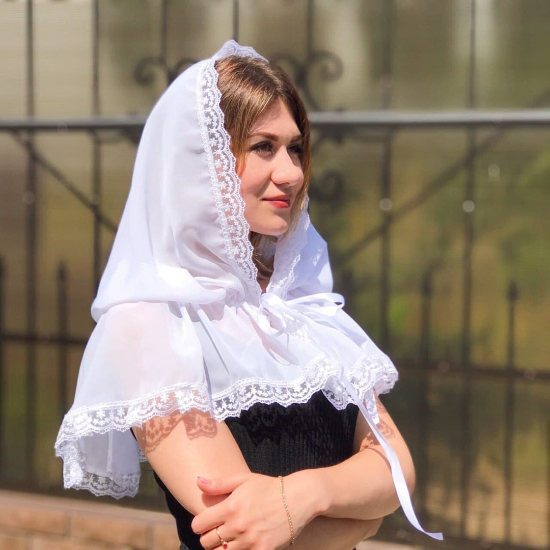 White Church Veil, Lace Veil for Mass, Hooded Veil Mantilla for Wedding ...