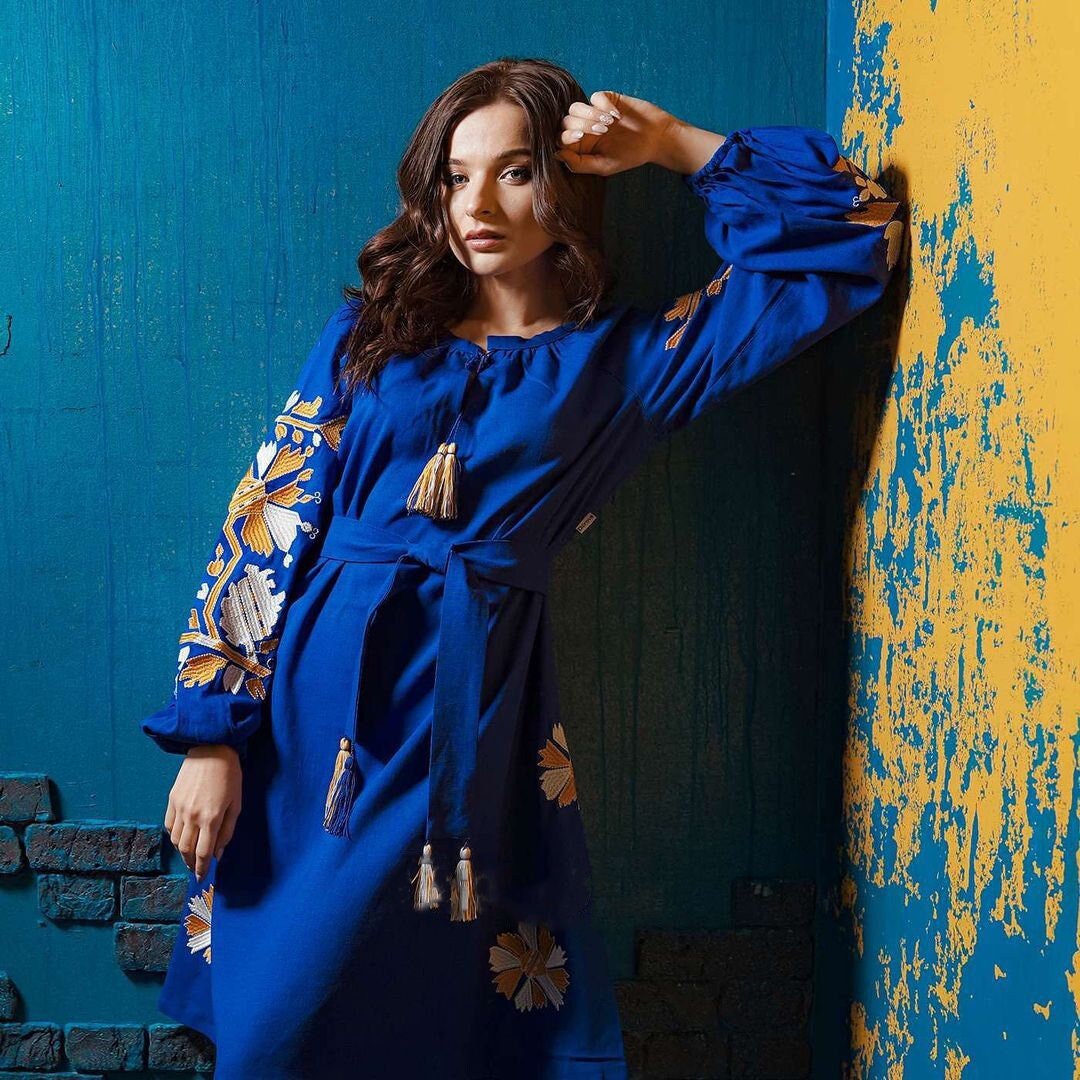 Indigo Blue Vyshyvanka Dress With Slavic Ukrainian Embroidery, Summer ...