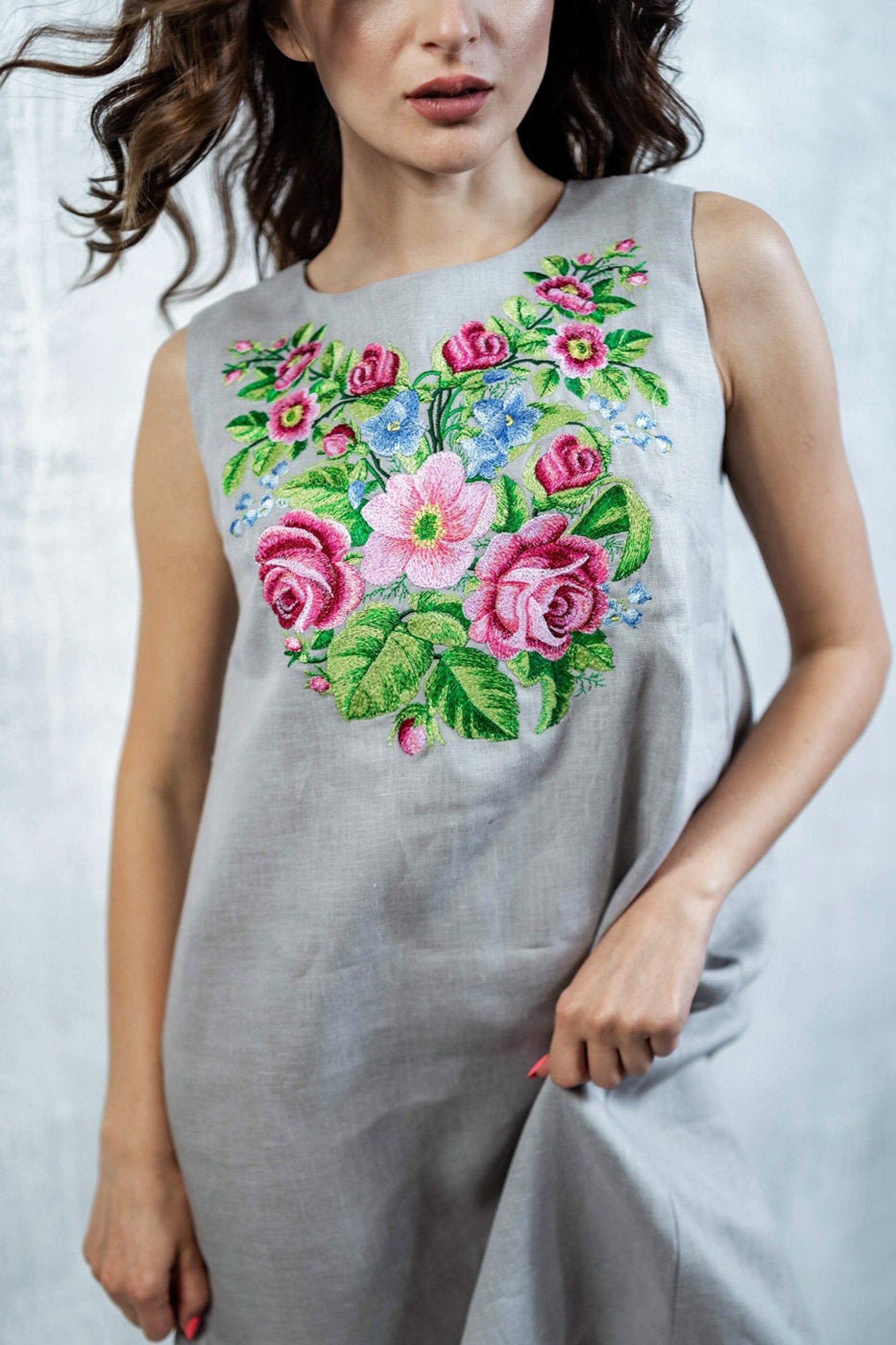 Linen Floral Dress Embroidered Linen Dress Midi Dress for - Etsy