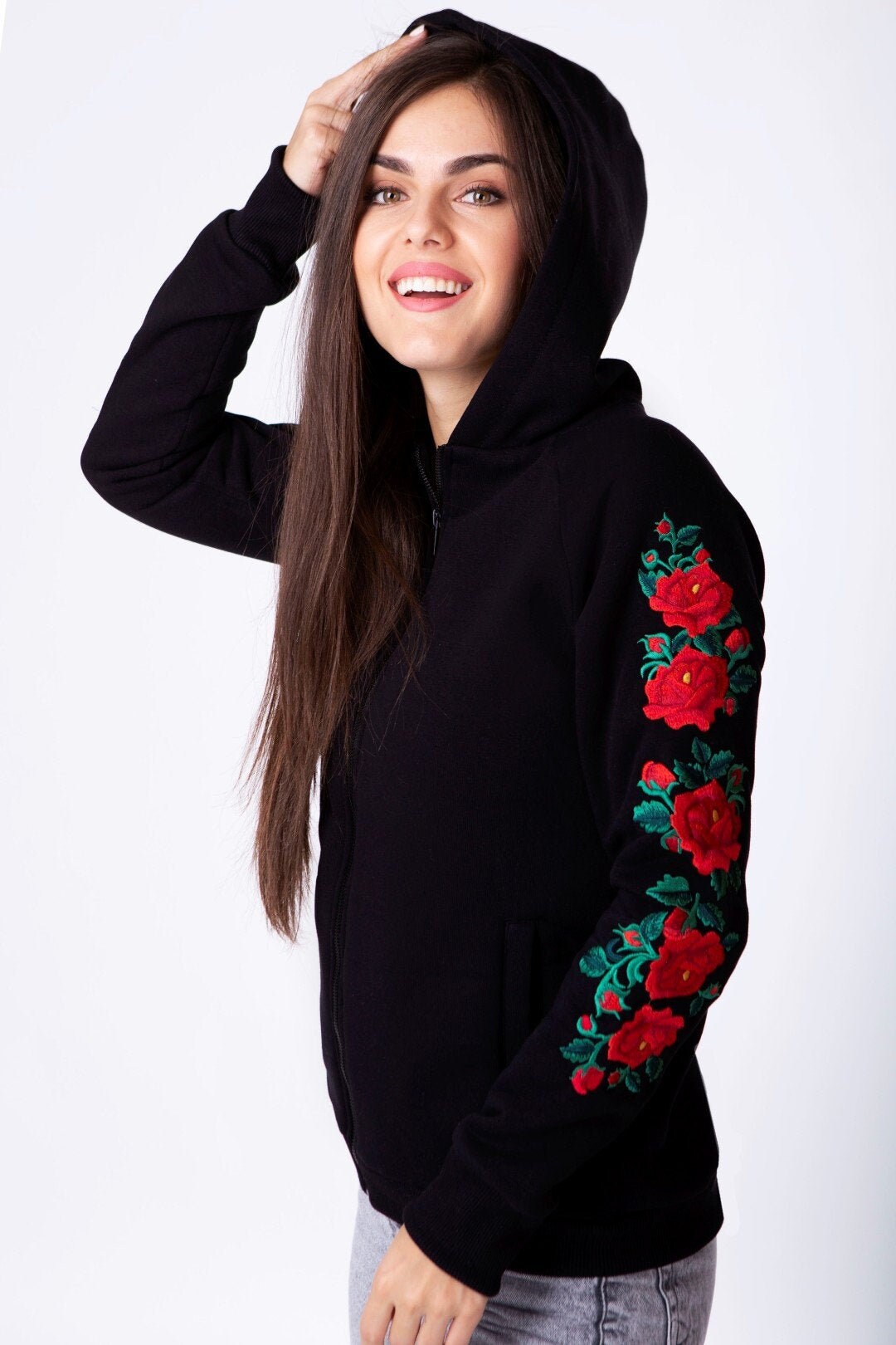 Floral Sweatshirt Women Embroidered Zip Up Hoodie Roses Sweatshirt