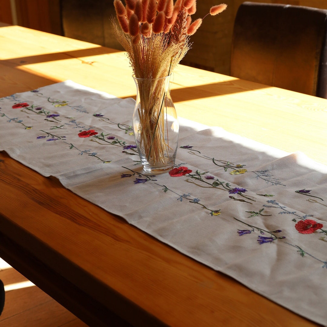 Flower Meadow Table Runner, Linen Table Runner With Embroidery, Floral ...