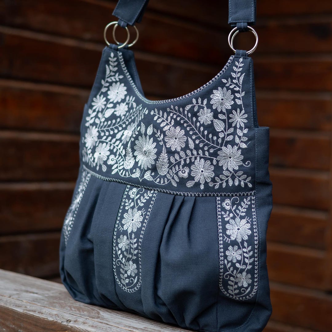 Embroidered Shoulder Bags for Women, Gray Embroidered Purse, Floral ...