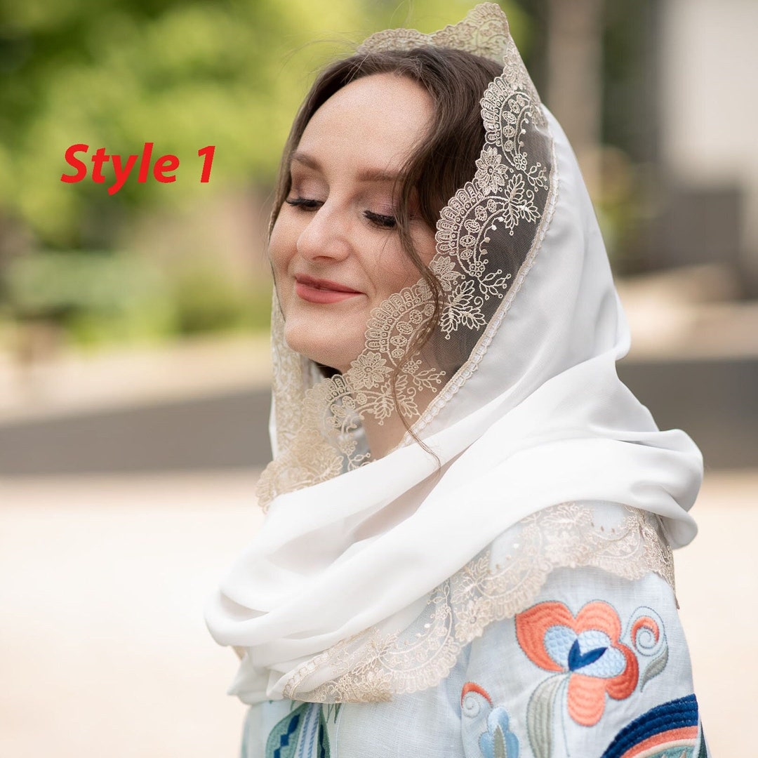 Lace Infinity Veil Catholic, Hooded Mantilla Veil for Mass, Ivory Veil ...