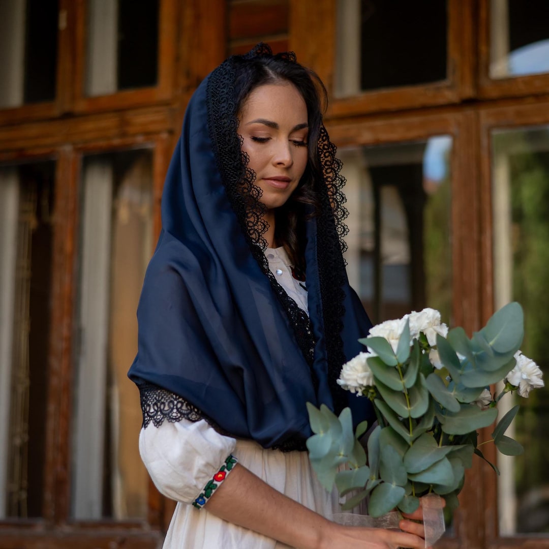 Navy Infinity Chapel Veil, Lace Cathedral Veil, Catholic Chapel Veil ...