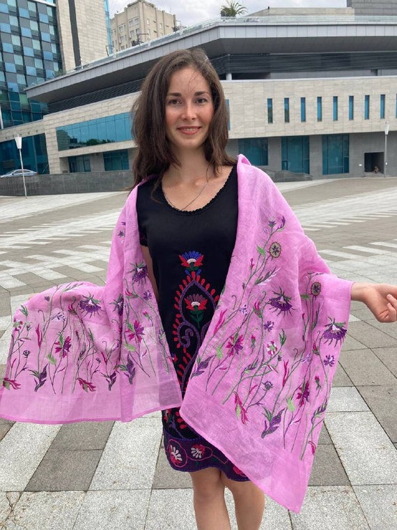 Mexican embroidered scarf Floral linen scarf women Colorful blanket wrap Floral wrap for lady Gift for mother Blue and pink head scarf Etsy France