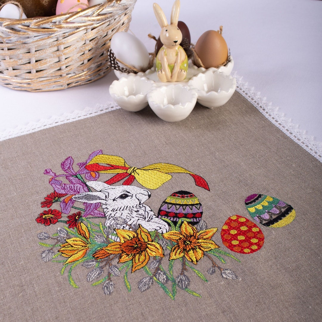 Embroidered Easter Bunny Linen Table Napkins, Easter Dinner Napkins ...