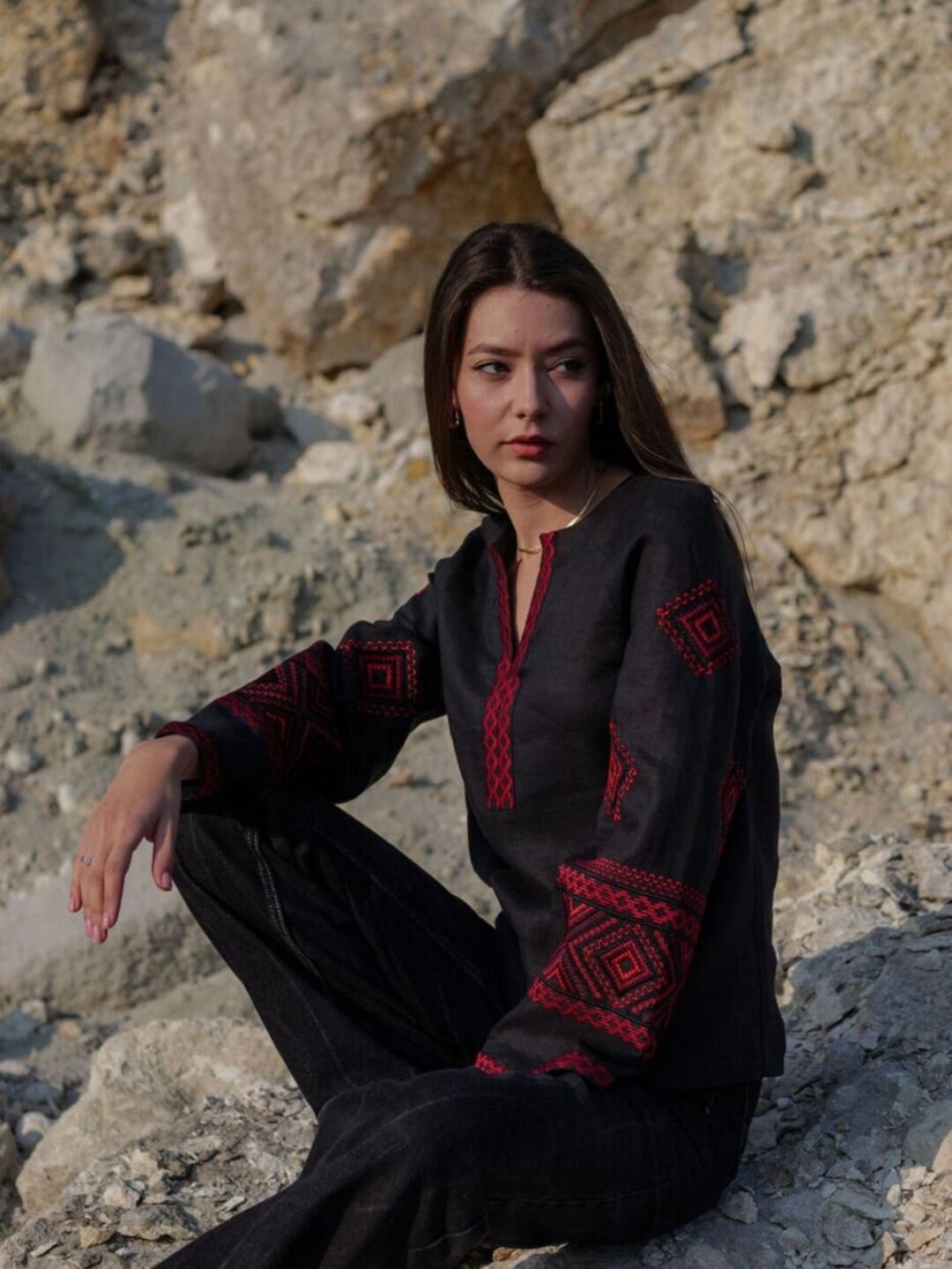 Black Japanese Blouse Linen Embroidered Blouse Vyshyvanka for - Etsy