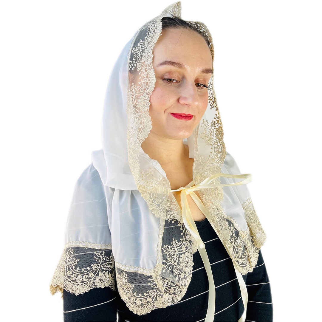 Catholic Mass Veil Mantilla, Gold Lace Mantilla Veil, Hooded Mantilla ...
