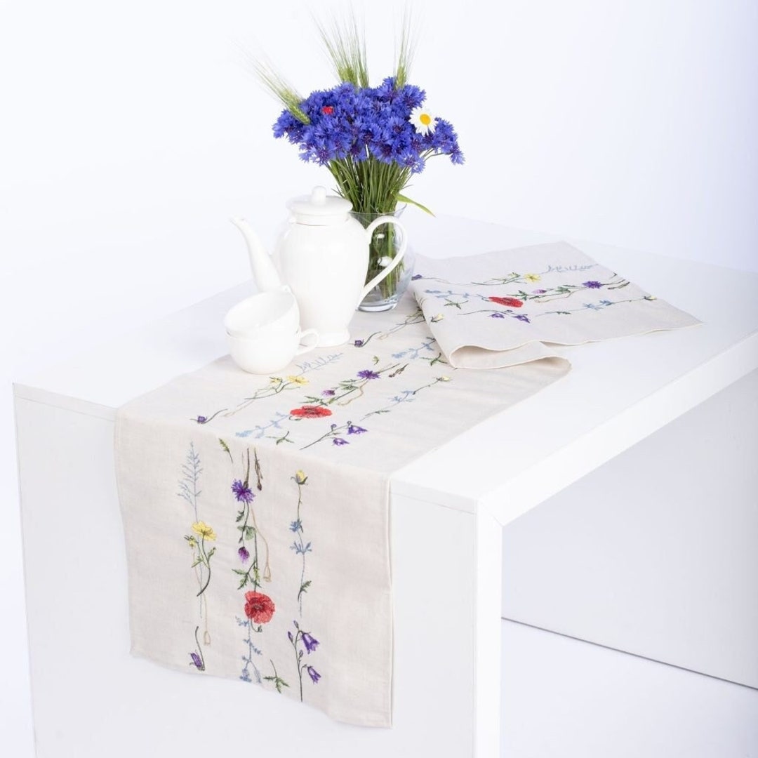 Flower Meadow Table Runner Linen Table Runner With - Etsy