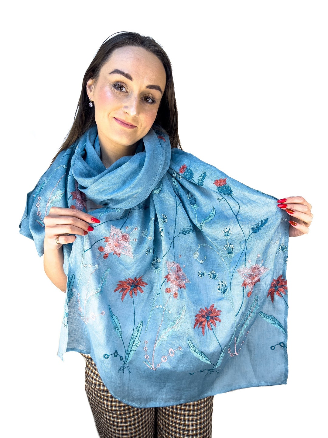 Mexican Shawl, Long Linen Scarfs for Women, Embroidered Scarf With ...