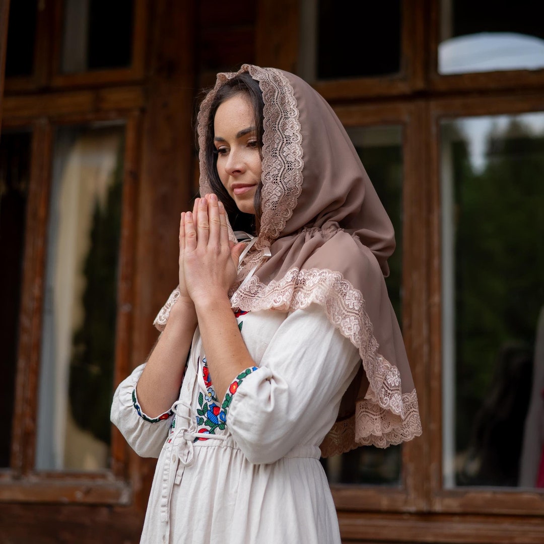 Brown Lace Church Veil for Mass, Hooded Mantilla Veil for Church ...