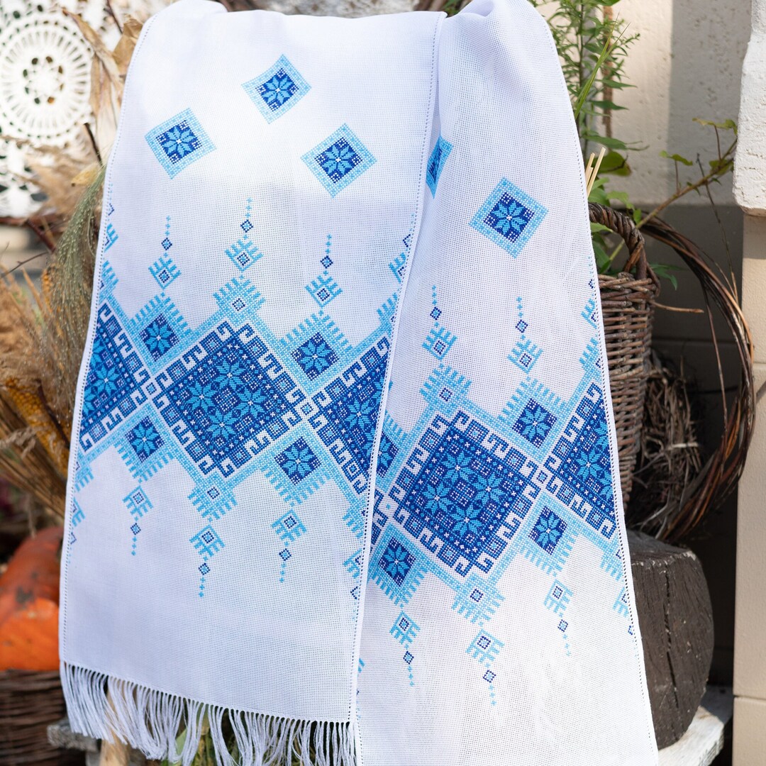 Ukrainian Hand Embroidered Rushnyk for Wedding, Blue Embroidery Towel ...
