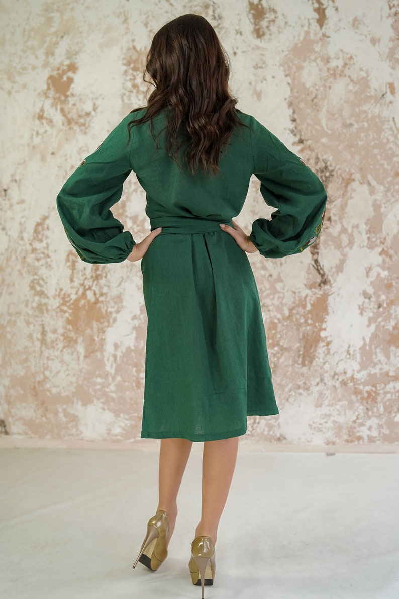 Linen Wrap Midi Dress Linen Cottagecore Dress Embroidered - Etsy