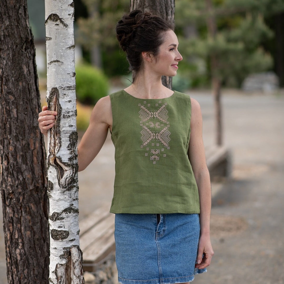 Linen Tank Top in Moss Green, Linen Sleeveless Top, Natural Linen Top ...