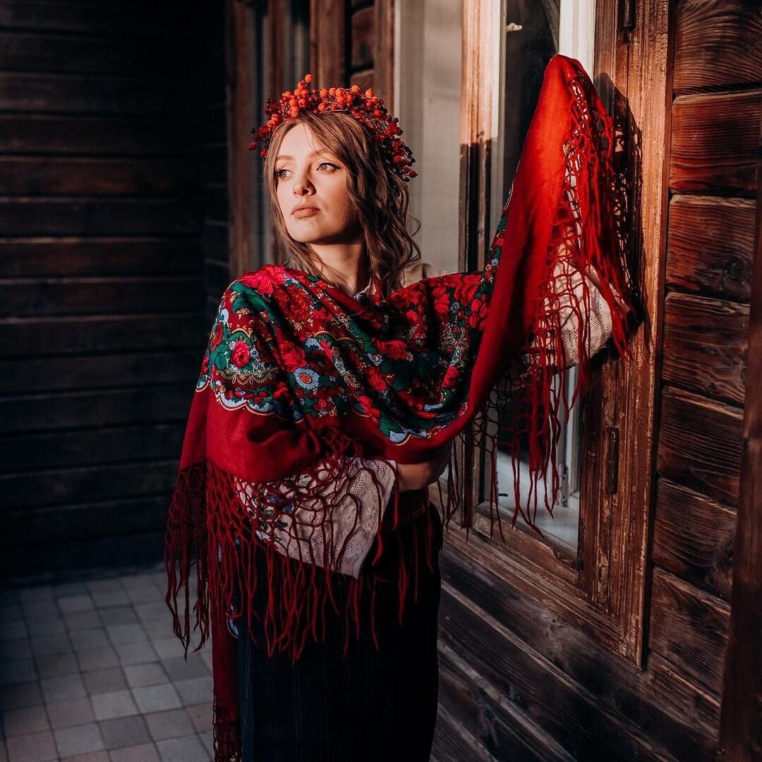 Folk Shawl With Fringe, Red Wool Shawl Wrap, Slavic Shawl, Ukrainian ...