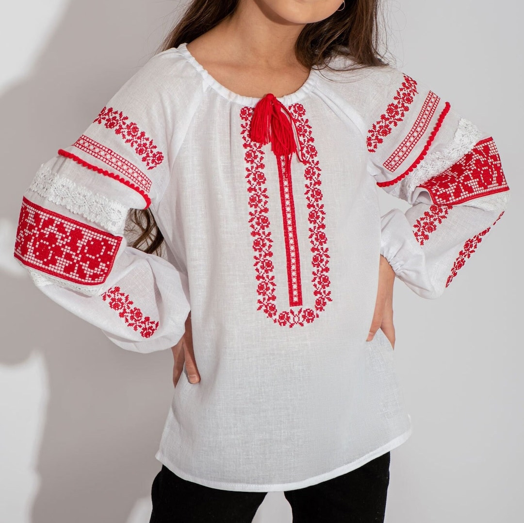 Ukrainian Vyshyvanka Blouse for Girl, White Linen Embroidered Top for ...