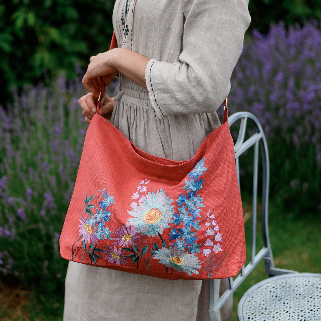 Flower Tote Bag Embroidered, Red Crossover Bag, Large Canvas Shoulder ...