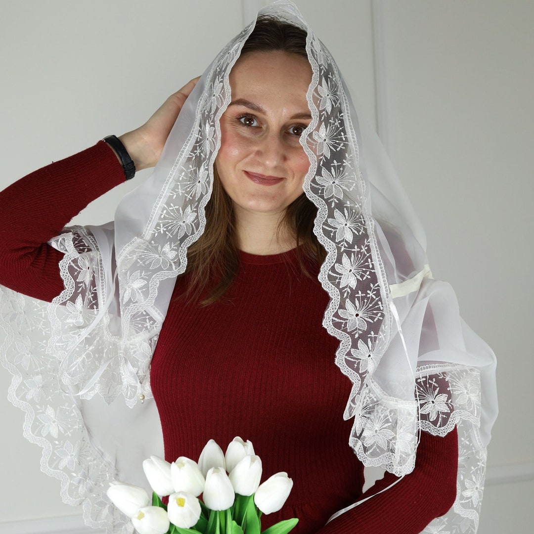 Orthodox Veil, Catholic Wedding Veil, Floral White Lace Veil, Hooded ...