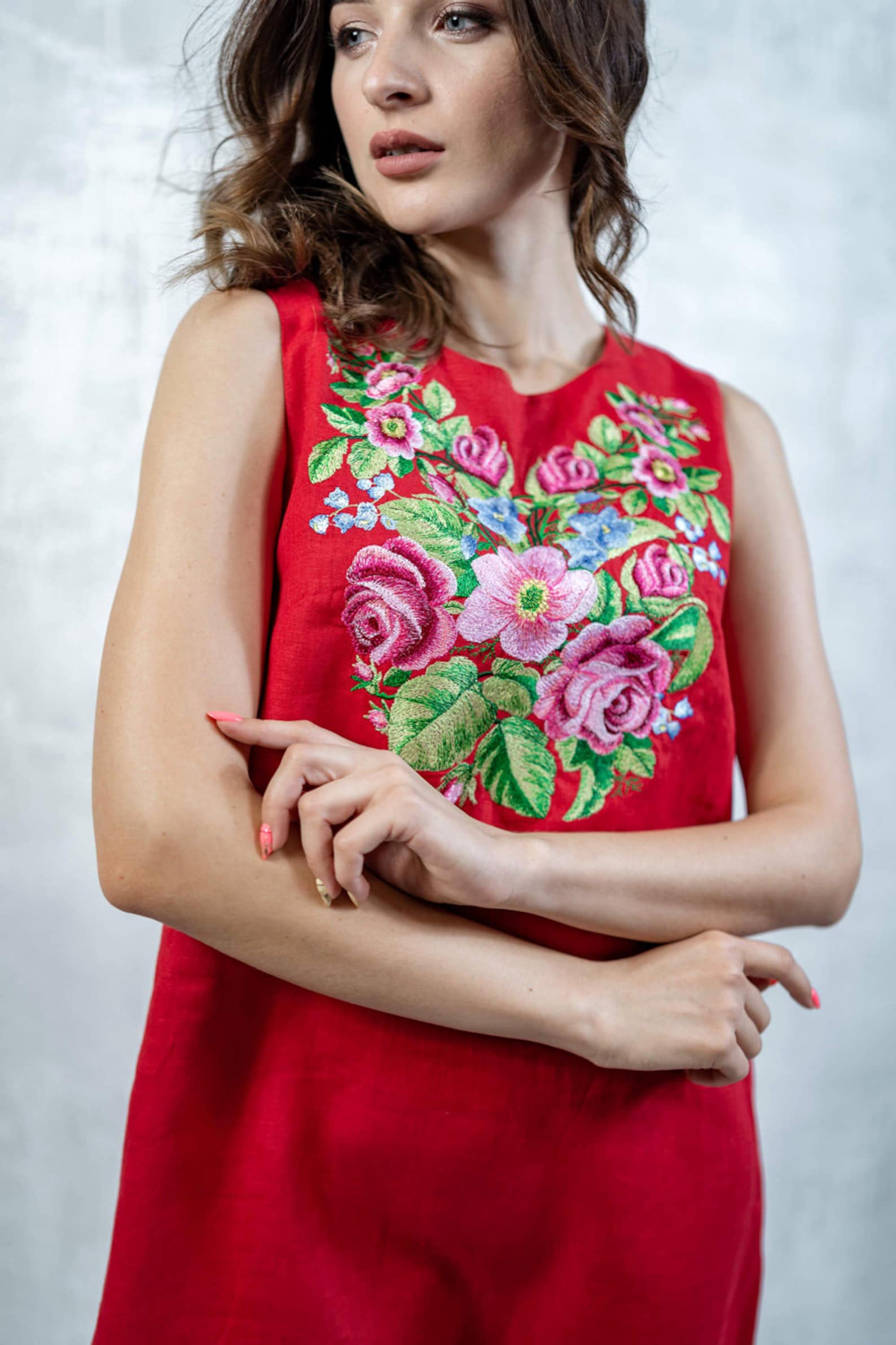 Linen Floral Dress Embroidered Linen Dress Midi Dress for | Etsy