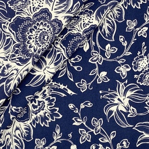 Blue Floral Fabric, Decorative Stylized Navy Jacobean Flower Print ...